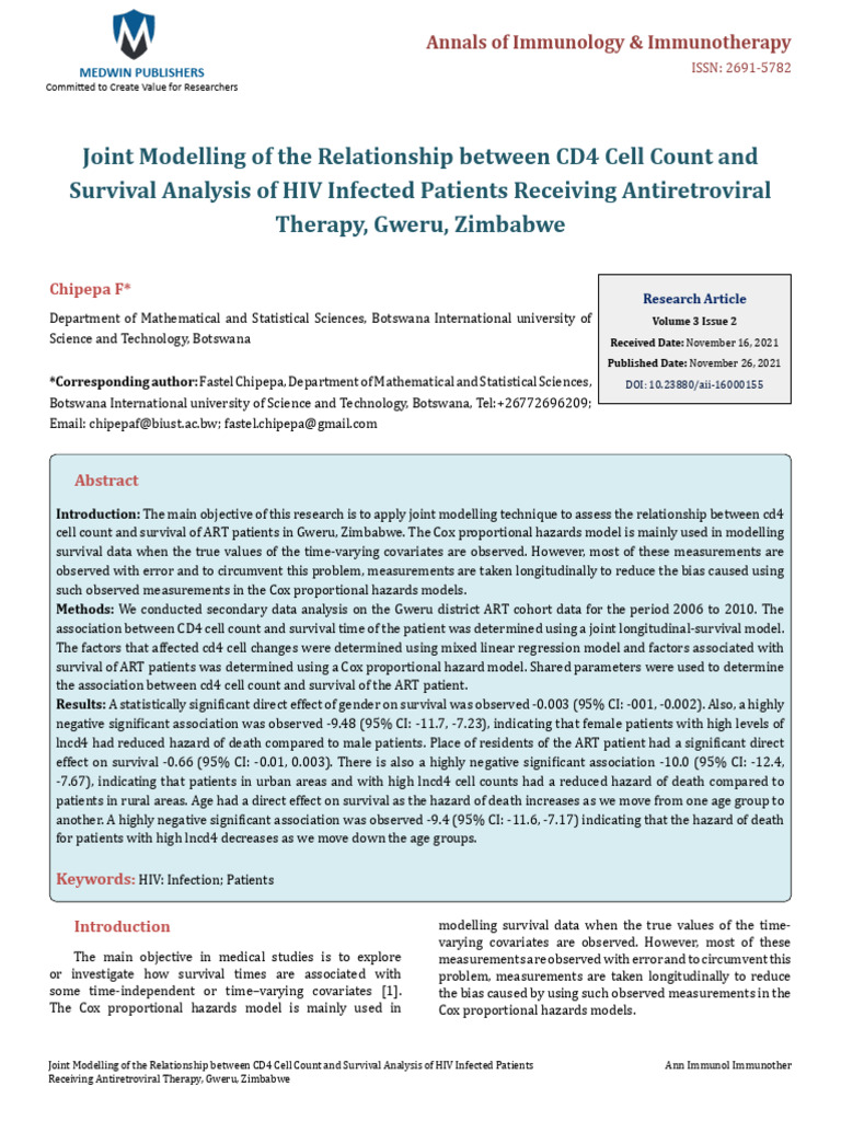 Joint Modelling of The Relationship Between cd4 Cell Count and Survival ...