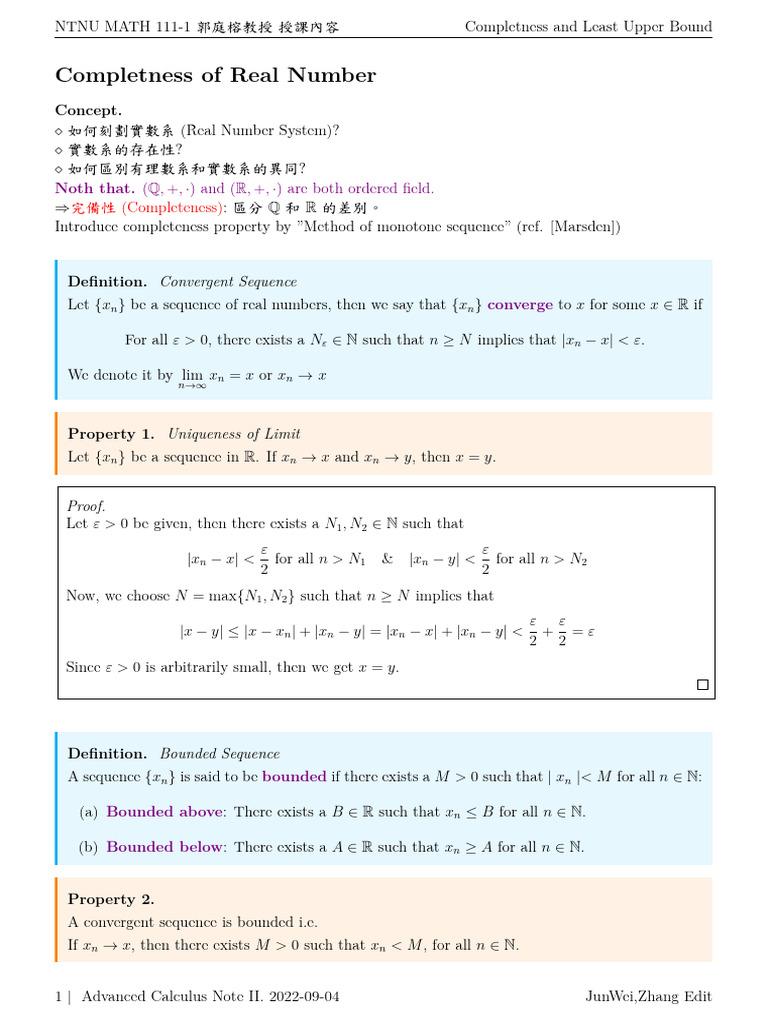 Advanced Calculus NTNU Note 09082022 | PDF | Sequence | Real Number