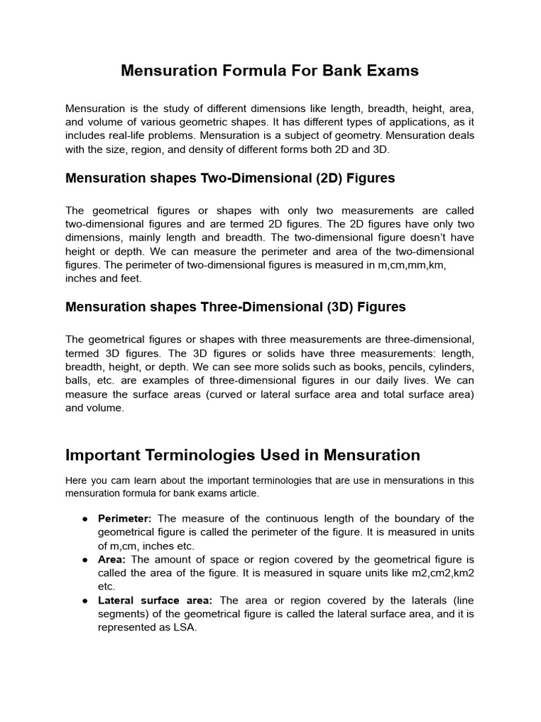Mensuration Formula For Bank Exams: Mensuration Shapes Two-Dimensional (2D) Figures | PDF | Area ...