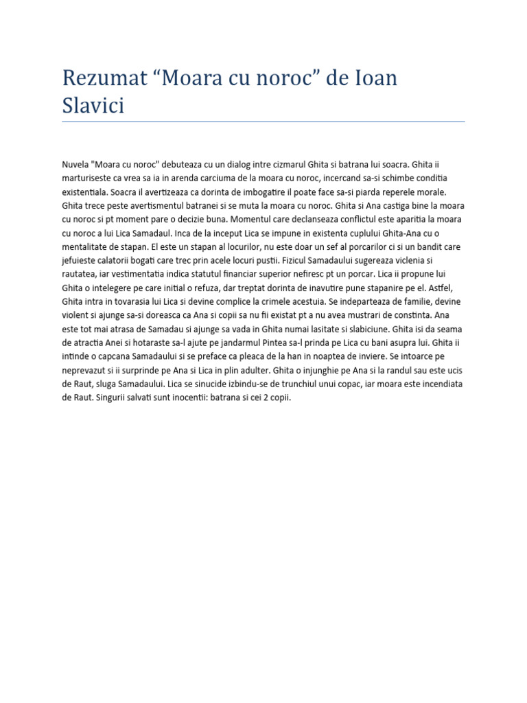 Rezumat "Moara cu noroc" de Ioan Slavici | PDF