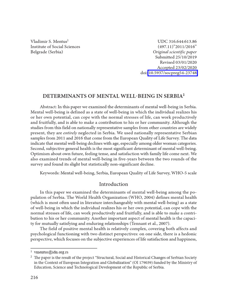 Mentus, Vladimir S. - Determinante Mentalnog Blagostanja U Srbiji ...
