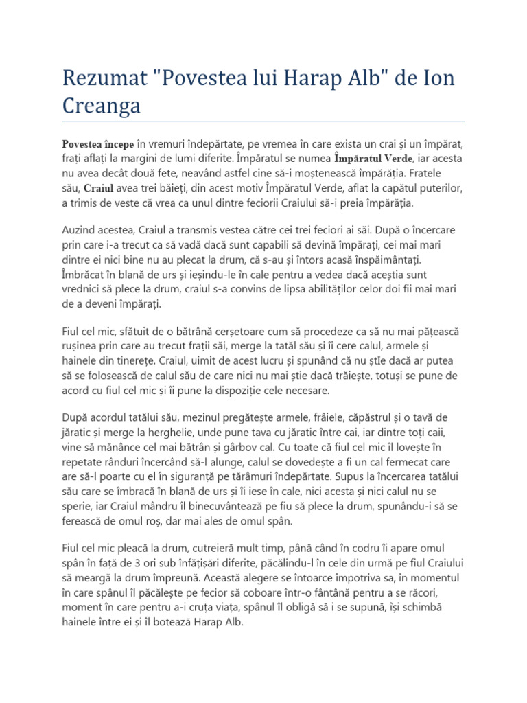 Rezumat "Povestea lui Harap Alb" de Ion Creanga | PDF