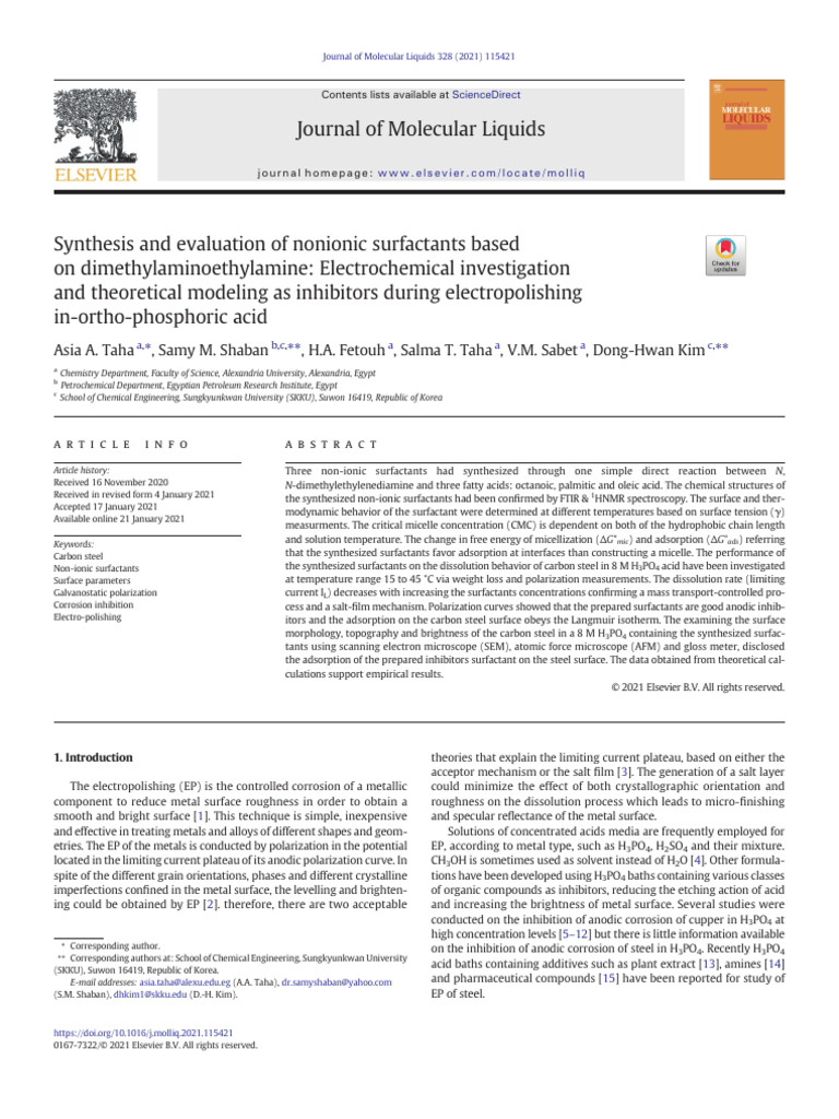 Journal of Molecular Liquids: Asia A. Taha, Samy M. Shaban, H.A. Fetouh ...