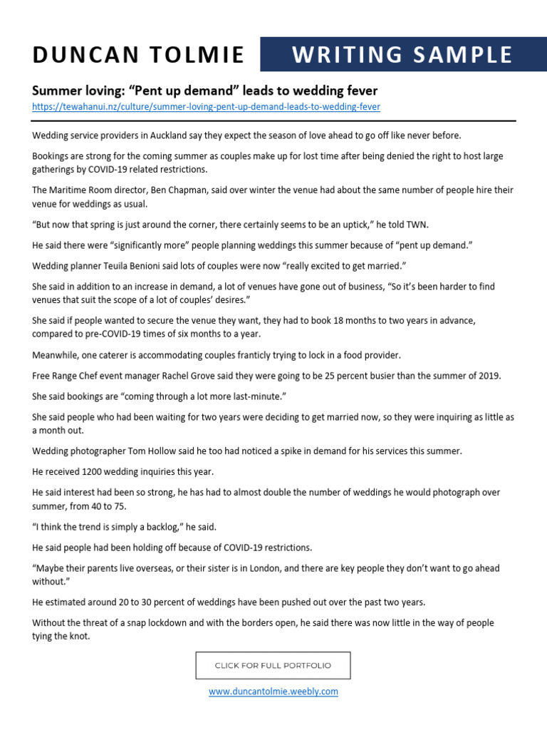 duncan tolmie writing sample 1 - weddings | PDF