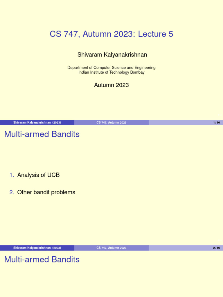 CS 747, Autumn 2023: Lecture 5: Shivaram Kalyanakrishnan | PDF