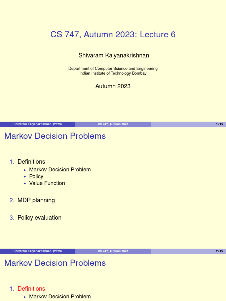 CS 747, Autumn 2023: Lecture 6: Shivaram Kalyanakrishnan | PDF