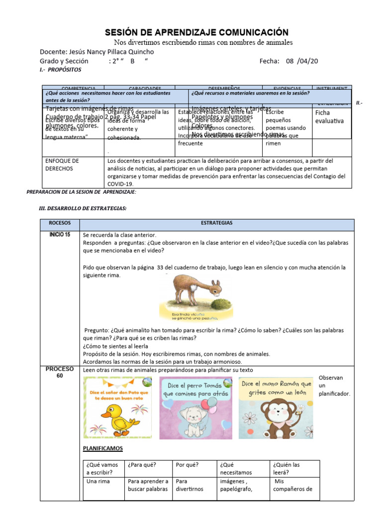 Sesion Escribimos Rimas Nombres Animales | PDF | Aprendizaje | Ciencia cognitiva