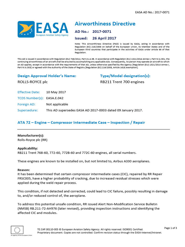 Easa Ad 2017-0071 1 | PDF