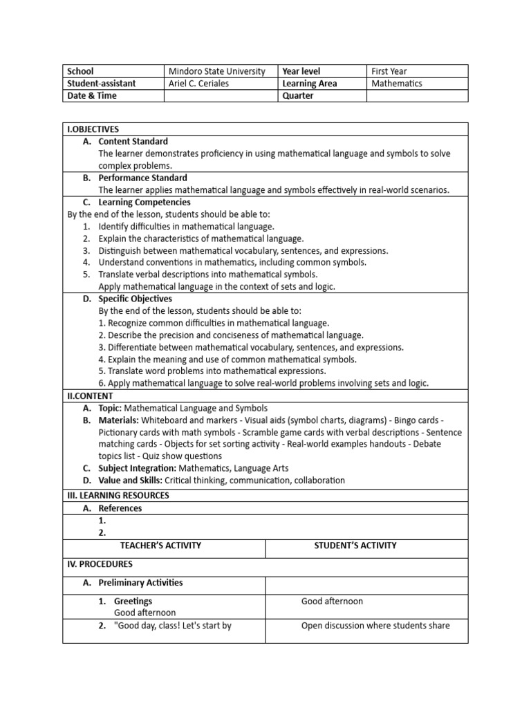 Detailed Lesson Plan For MMW Module 2 | PDF