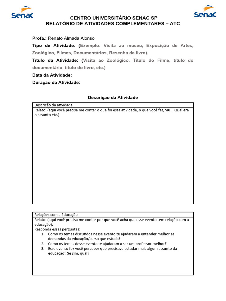 MODELO DE RELATÓRIO DE ATIVIDADES COMPLEMENTARES - Exemplo | PDF