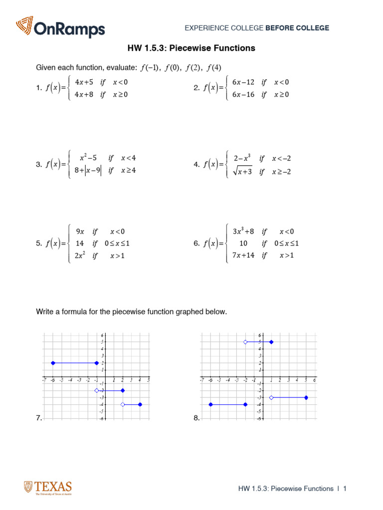 Piecewise Functions Homework 1.5.3 | PDF | Integer | Mathematical Objects
