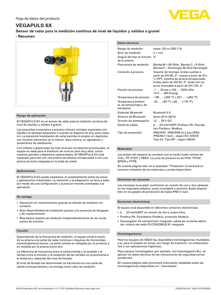 ES Data Sheet VEGAPULS 6X Sensor de Radar para La Medición Continua de ...