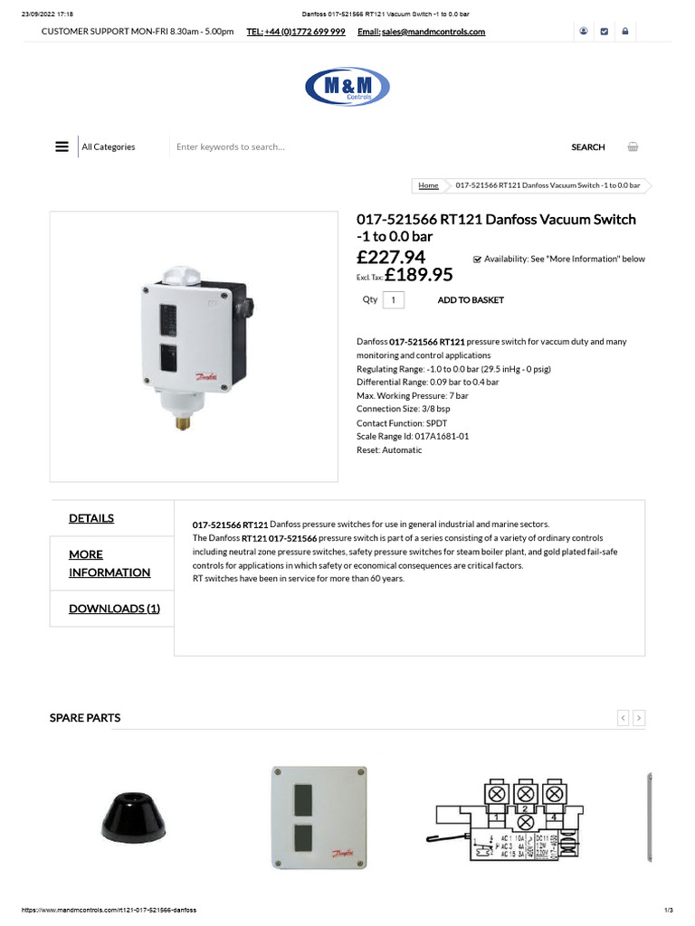 Danfoss 017-521566 RT121 Vacuum Switch - 1 To 0.0 Bar | PDF