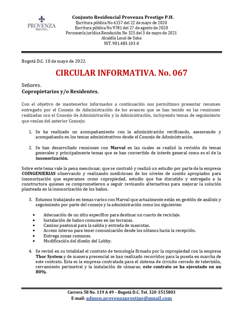 Circular Informativa No.067 - Avances Consejo de Administración. | PDF