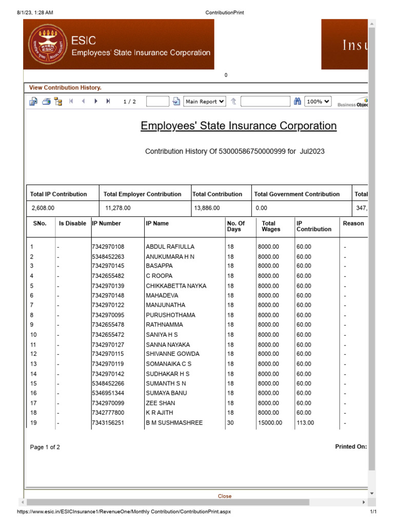 ESIC Contribution Summary Jul 2023 | PDF