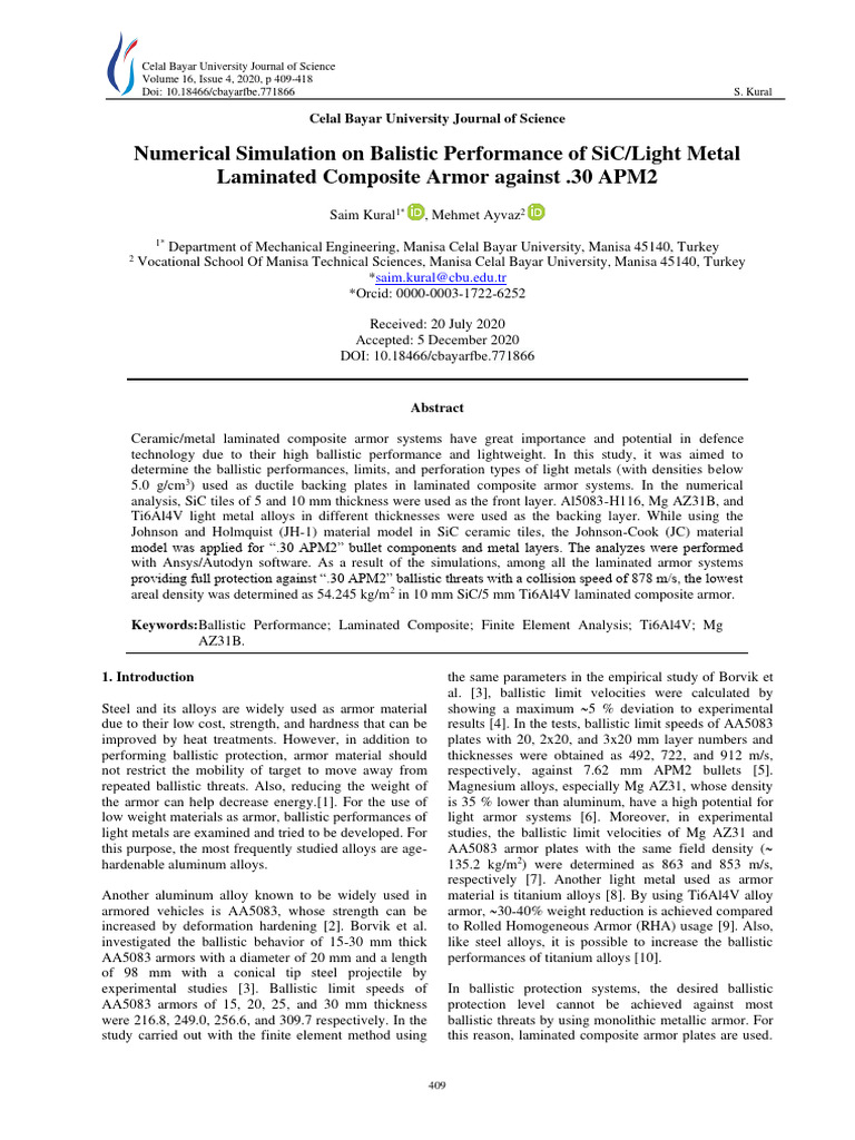 Numerical Simulation On Balistic Performance of SiC-Light Metal Laminated Composite Armor ...