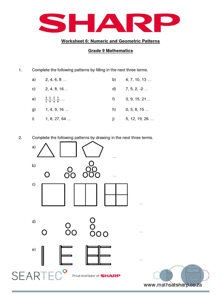 Worksheet 6 Numeric and Geometric Patterns Grade 9 Maths | PDF ...