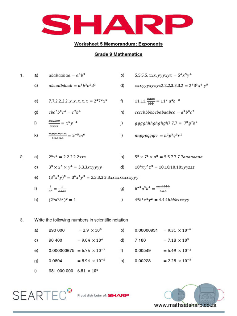 Worksheet 5 Memorandum Exponents Grade 9 Maths | PDF