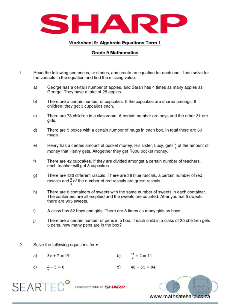 Grade 9 Algebraic Equations Worksheet | PDF | Equations | Numbers