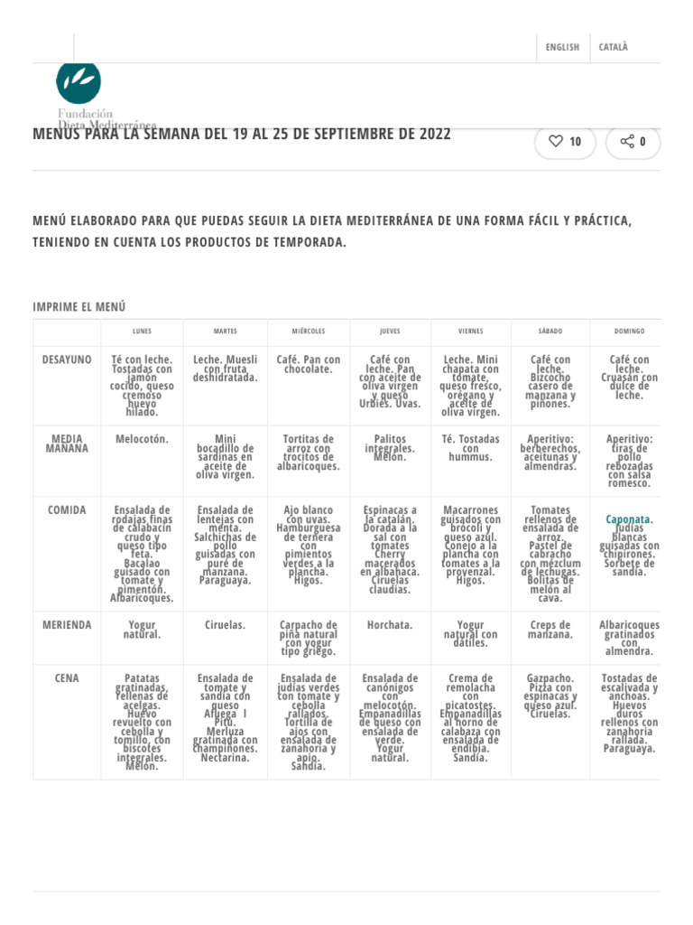 Menús para La Semana Del 19 Al 25 de Septiembre de 2022 - FUNDACIÓN DIETA MEDITERRANEA | PDF
