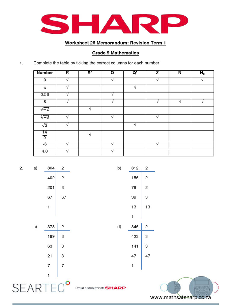 Worksheet 26 Memorandum Revision Term 1 Grade 9 | PDF