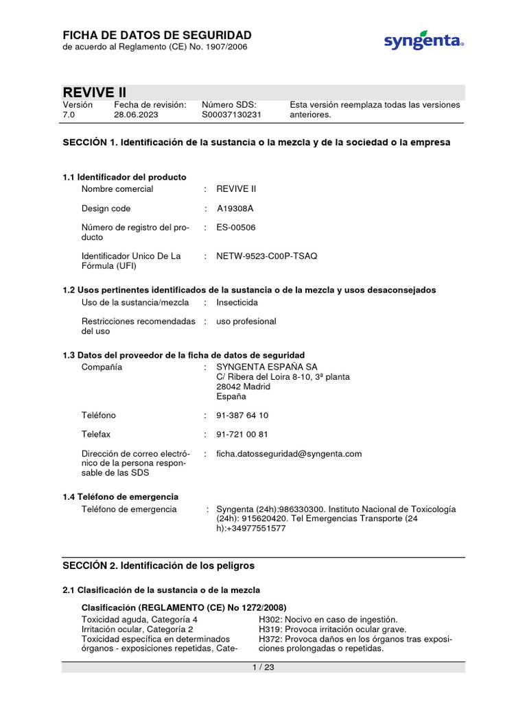 Ficha Seguridad Revive II | PDF | Agua | Toxicidad