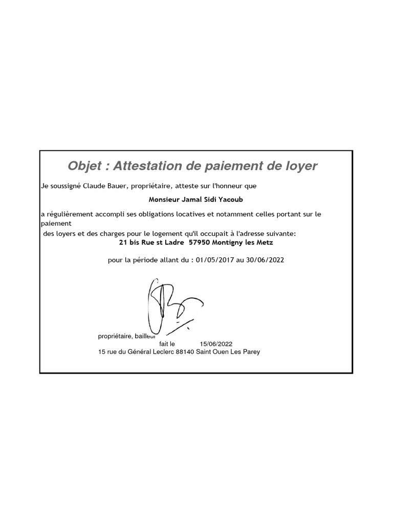 Attestation de Bon Paiement de Loyer | PDF