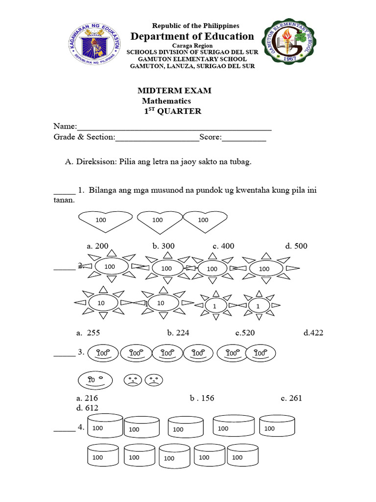 Math 2 Midterm Exam 1st Quarter Binisaya Pdf