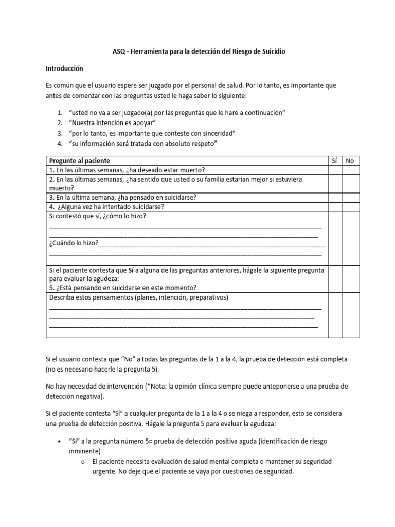 Cuestionario ASQ MODORIS Manejo - Tratamiento | PDF | Suicidio | Sicología