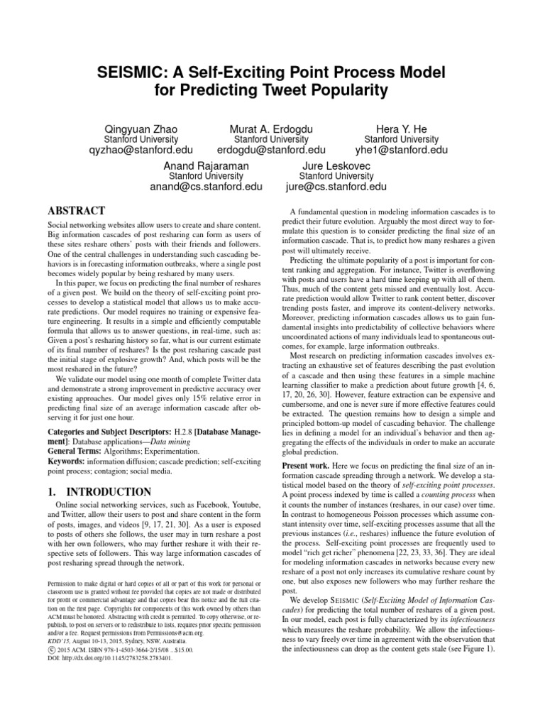 SEISMIC A Self-Exciting Point Process Model For Predicting Tweet Popularity | PDF | Computers