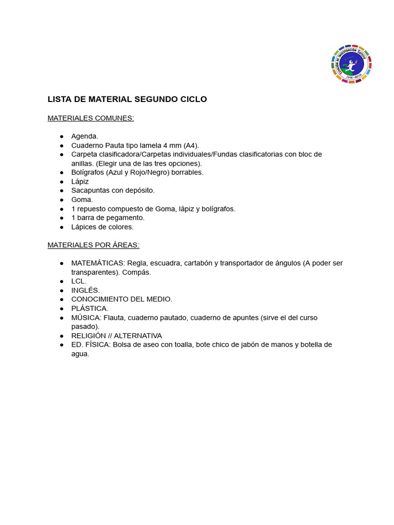 Lista de Material Segundo Ciclo | PDF