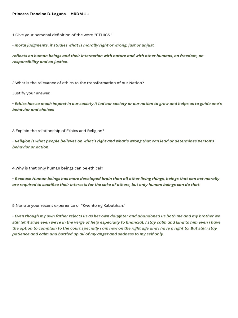 1.give Your Personal Definition of The Word ETHICS. - 20230922 - 093942 ...