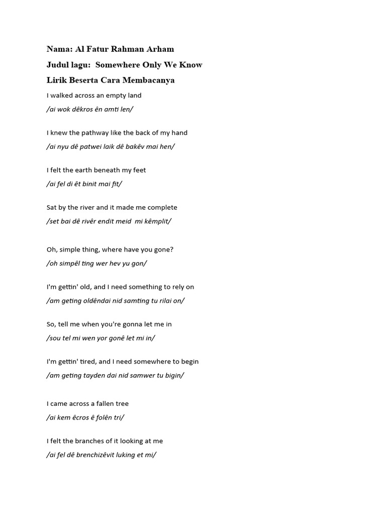 Lirik Lagu Somewhere Only We Know | PDF | Language Arts & Discipline ...