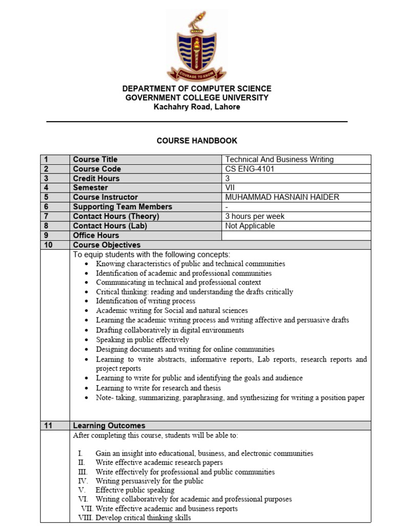 Technical &Business Writing Course outline Hand book | PDF