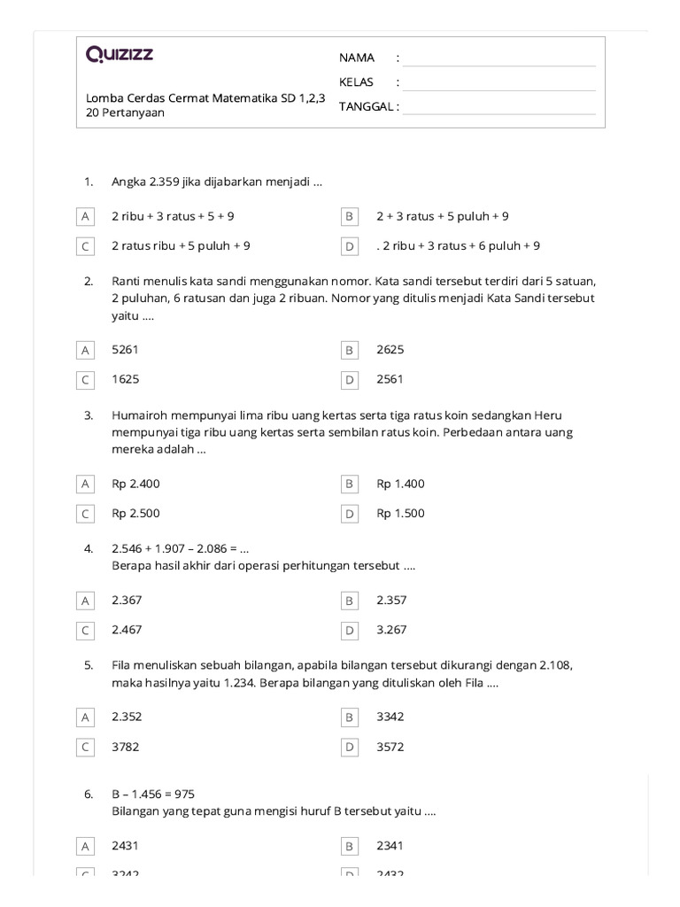 Lomba Cerdas Cermat Matematika SD 1,2,3 | PDF