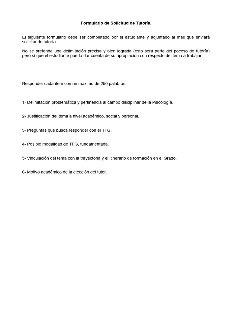 Formulario de Solicitud de Tutoría TFG | PDF