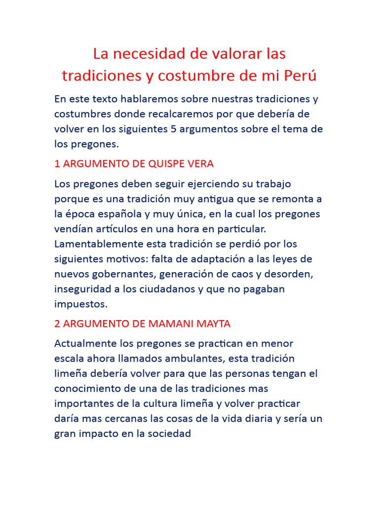 La Necesidad de Valorar Las Tradiciones y Costumbre de Mi Peru 3 | PDF