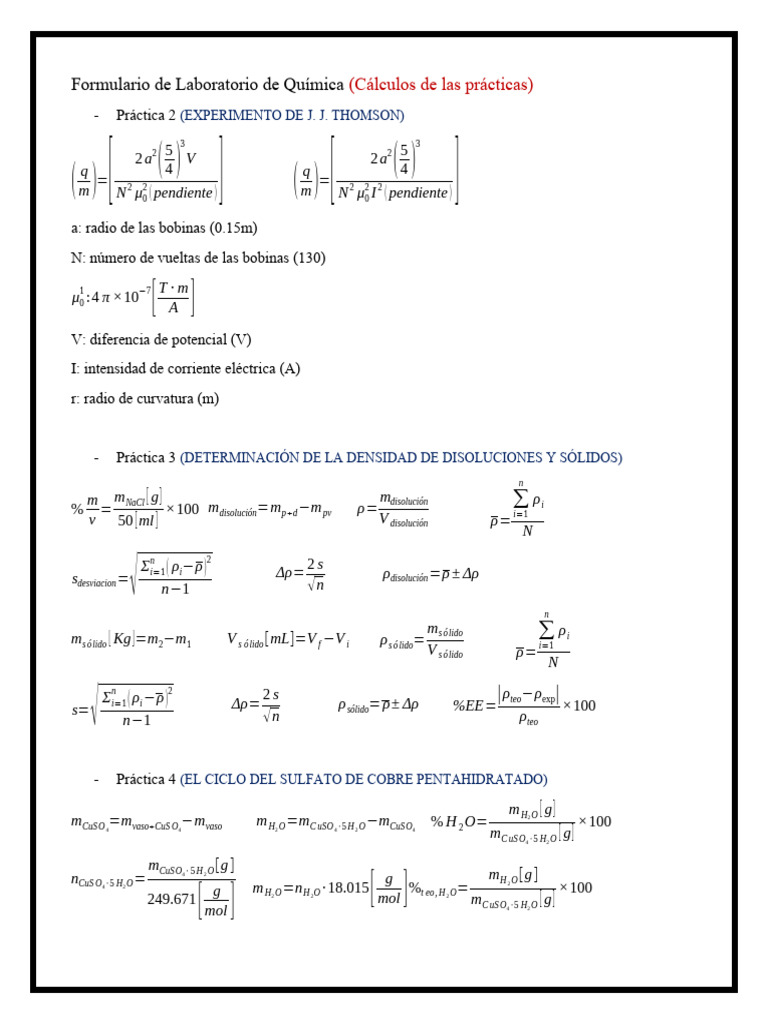 Formulario de Laboratorio de Química | PDF | Concentración | Cantidades ...