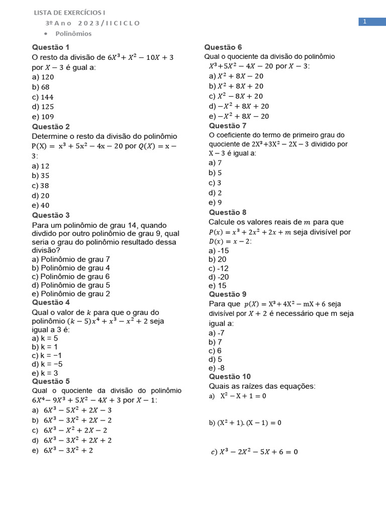 Lista de Polinômios 3° B NEM | PDF