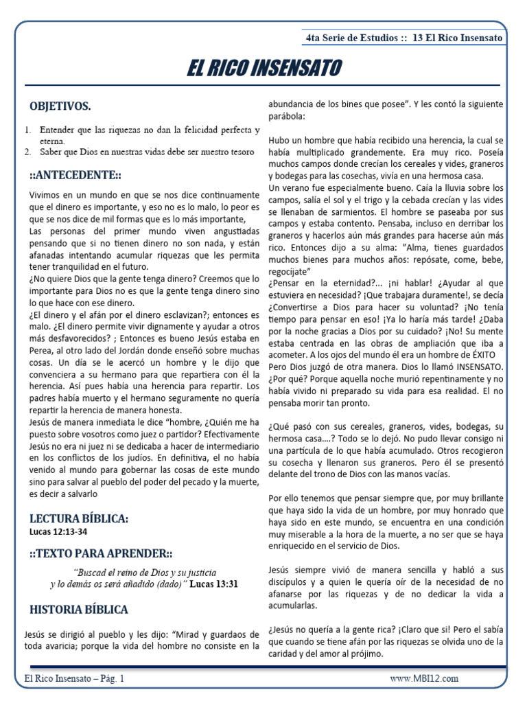 4ta Serie de Estudios - 13 El Rico Insensato | PDF