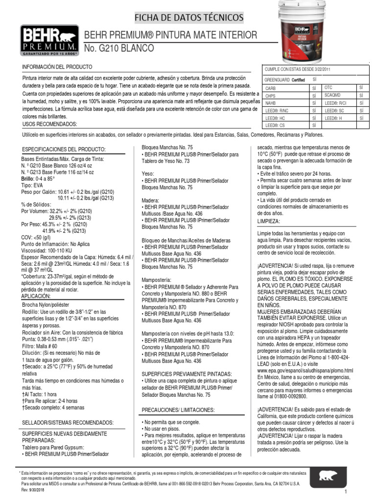 g210 Tds Improved-Formula 2018 | PDF | Pinturas | Materiales