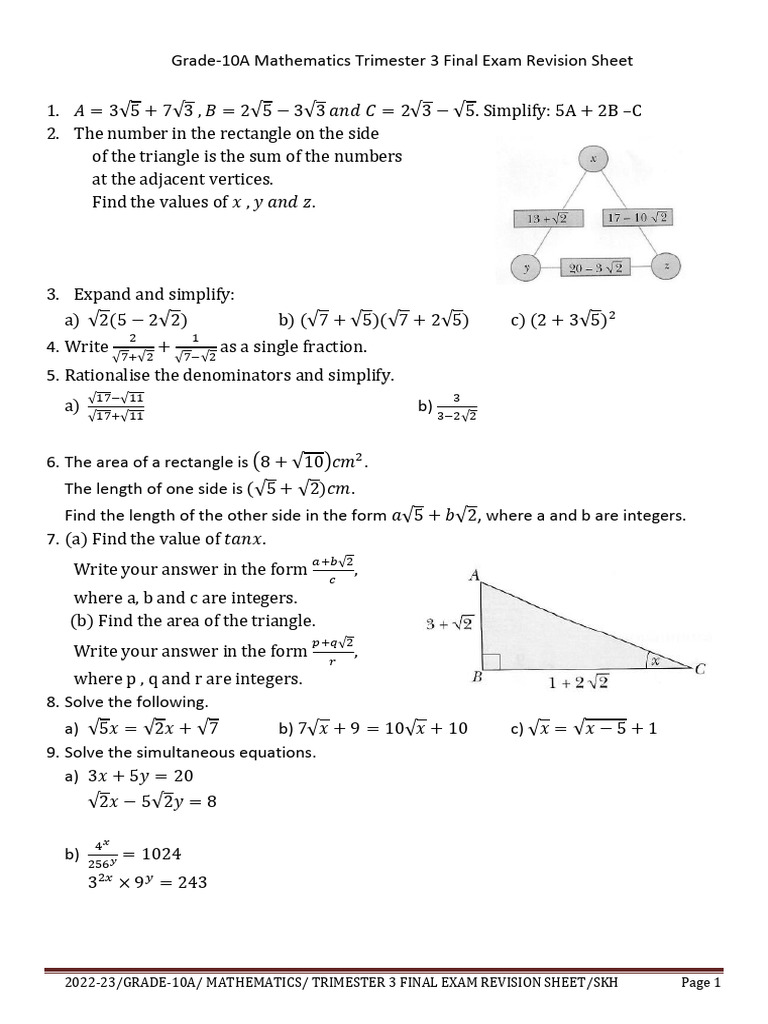 Grade-10A Trimester-3 Final Exam Revision Sheet | PDF | Factorization ...