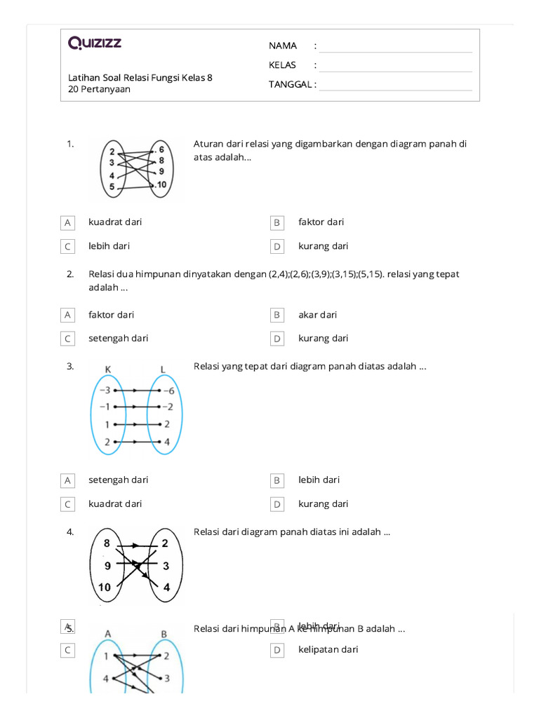 Latihan Soal Relasi Fungsi Kelas 8 | PDF
