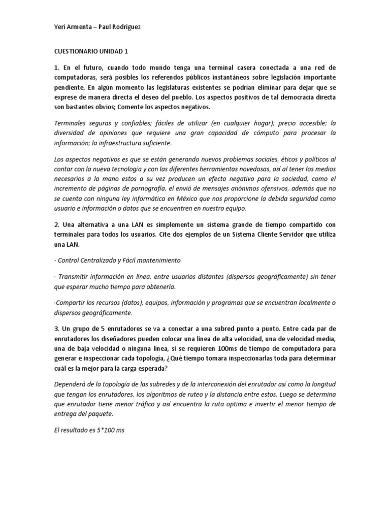 CUESTIONARIO UNIDAD 1-Tanenbaum | PDF | Modelo osi | Red de computadoras