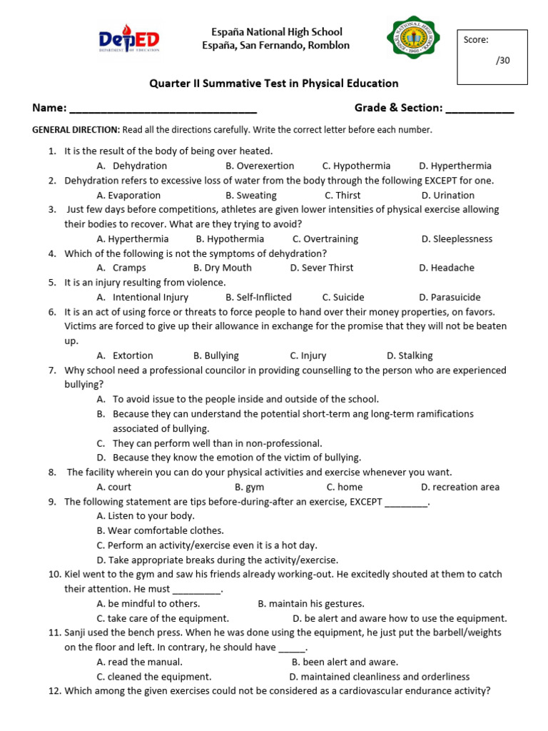 Revised Exam PE | PDF | Weight Training | Camping