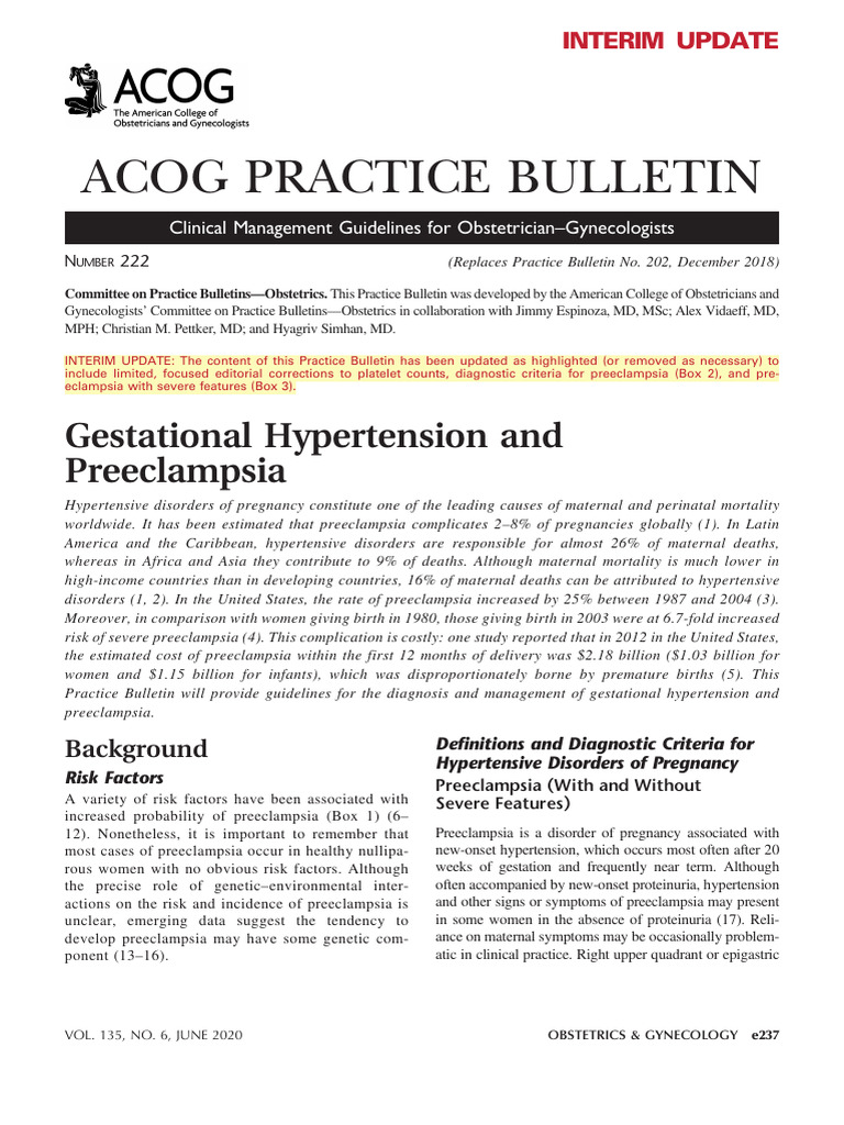 ACOG 2020 Gestational Hypertension and Preeclampsia | PDF ...