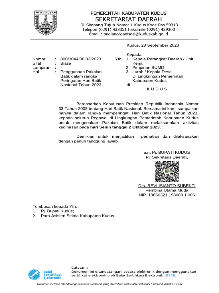 Penggunaan Pakaian Batik Dalam Rangka Peringatan Hari Batik Nasional Tahun 2023 | PDF