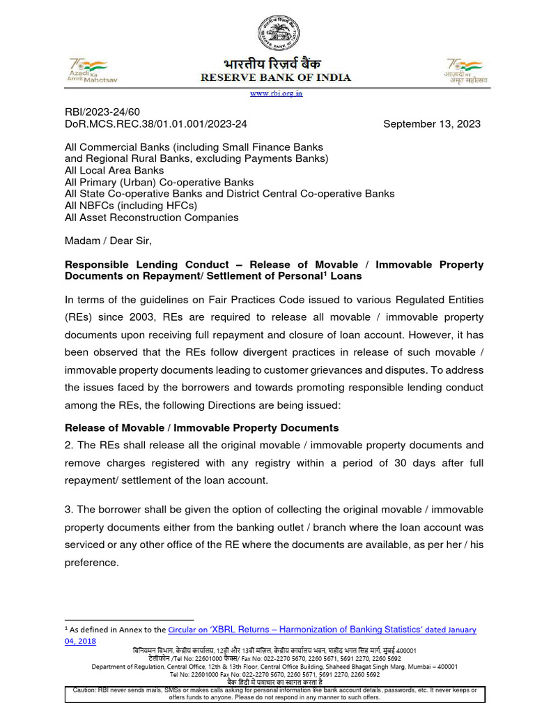 RBI Circular - Release of Property Documents On Rep - 230915 - 085021 ...