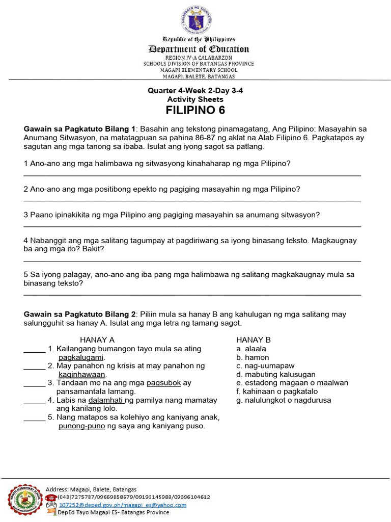 Quarter 4-WEEk2-Day 3-4 Activity Sheet | PDF