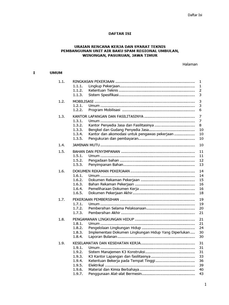 Daftar Isi RKS DED Reservoir | PDF